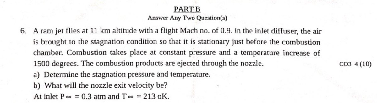 PART B Answer Any Two Question(s) A ram jet flies at 11 km altitude with..