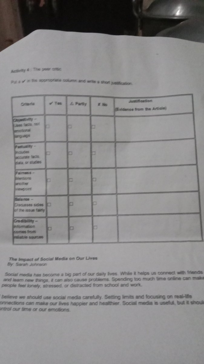 Activity 4: The peer critic Put a in the appropriate column and write