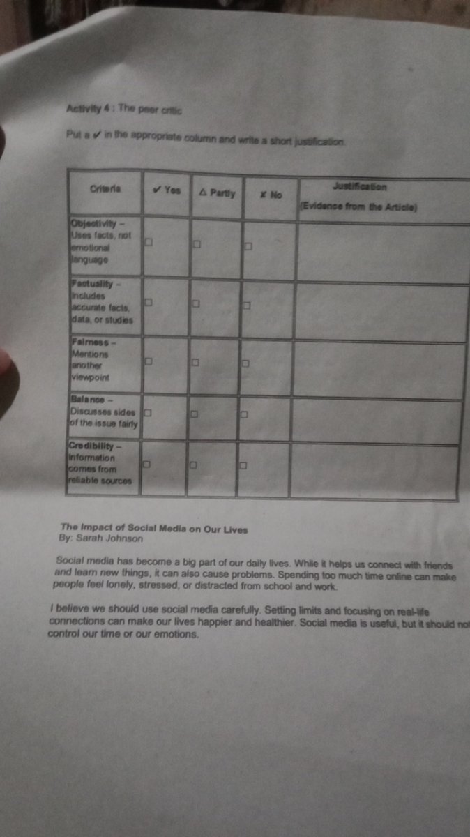 Activity 4: The peer critic Put a in the appropriate column and write