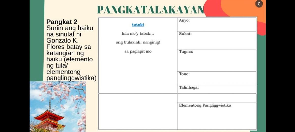 PANGKATALAKAYAN Pangkat 2 Suriin ang haiku na sinulat ni Gonzalo K. Flor..