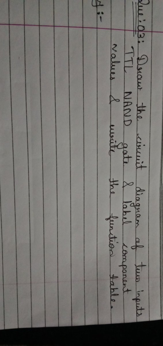 Draw the circuit diagram of a two-input TTL NAND gate and label its compo..