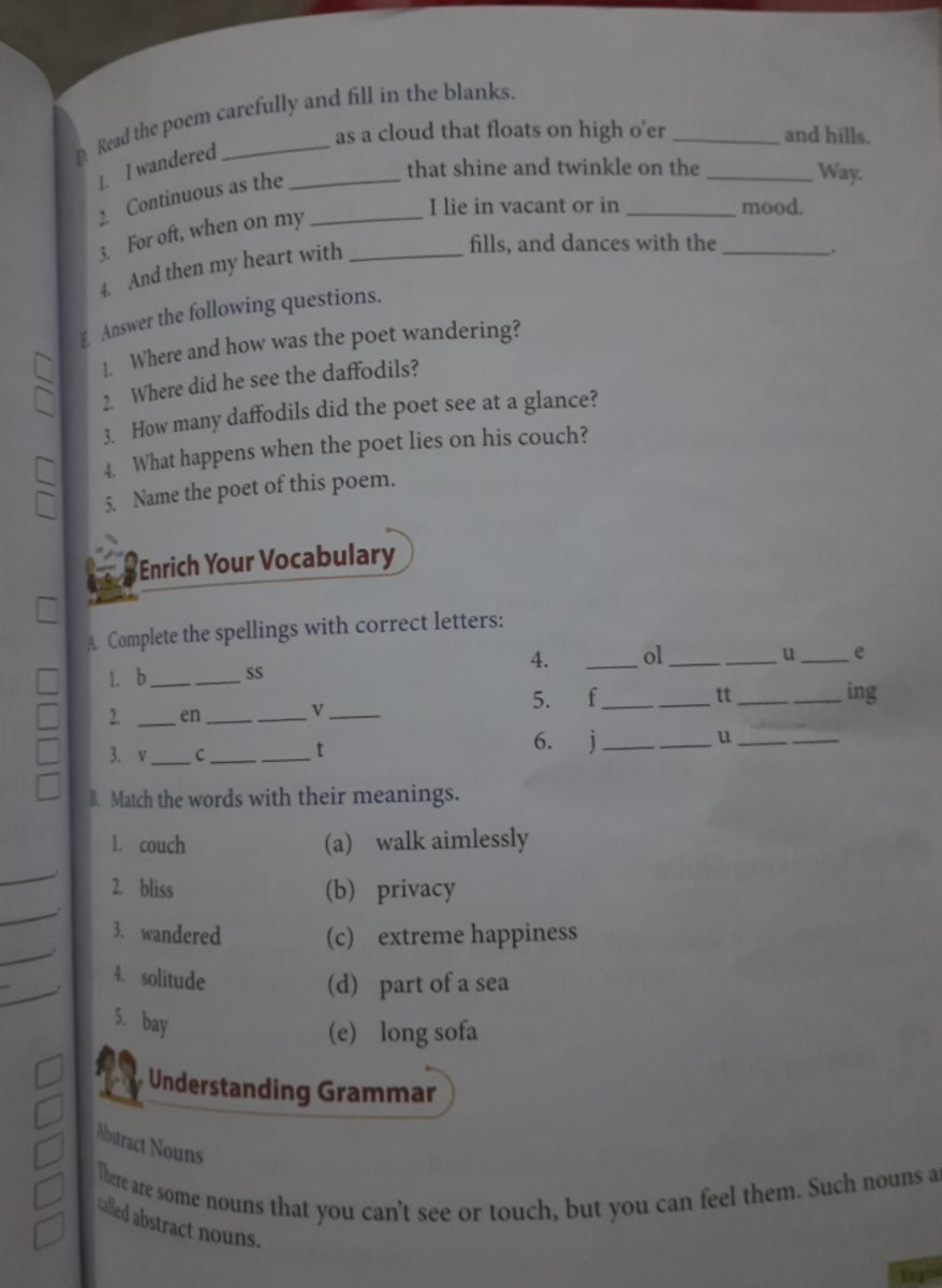 Read the poem carefully and fill in the blanks. I wandered _ as a cloud t..