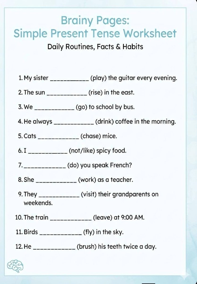 Brainy Pages: Simple Present Tense Worksheet Daily Routines, Facts & Habi..