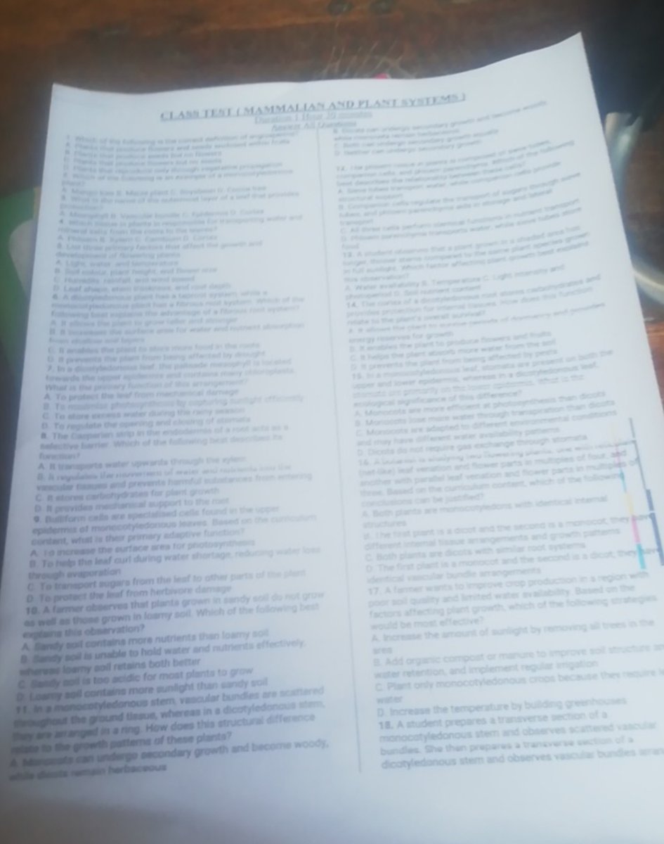 CLASS TEST (MAMMALIAN AND PLANT SYSTEMS) Duration 1 Hour 30 minutes Answe..