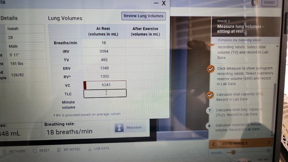 The image shows a table of lung volumes at rest for a person named Isaiah..