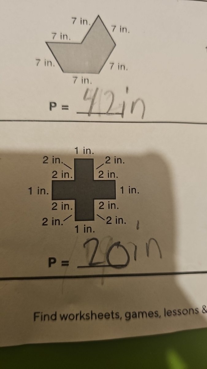 Calculate the perimeter (P) for the following shapes: Shape 1: A polygon..