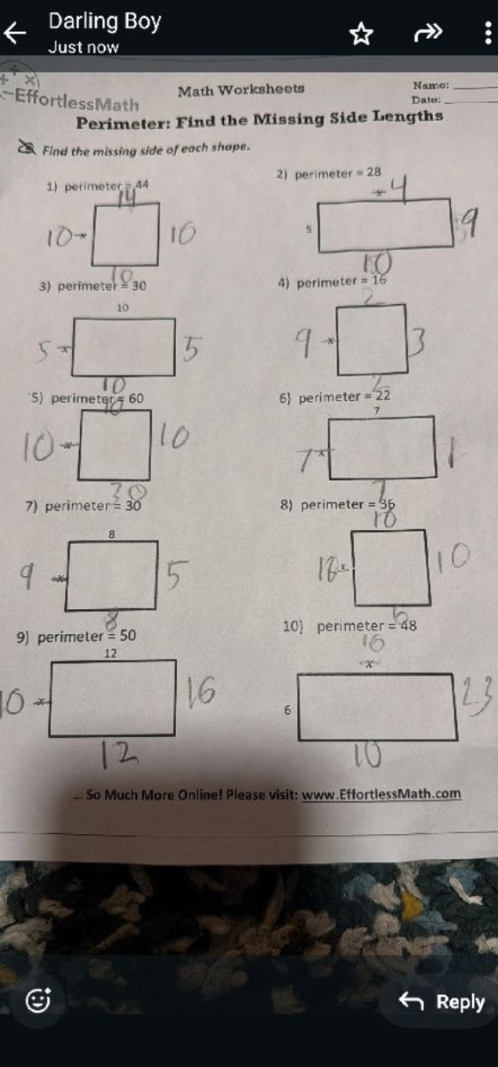 Find the missing side of each shape. 1) perimeter = 44 [Rectangle wit..