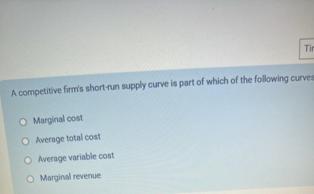 A competitive firm's short-run supply curve is part of which of the follo..