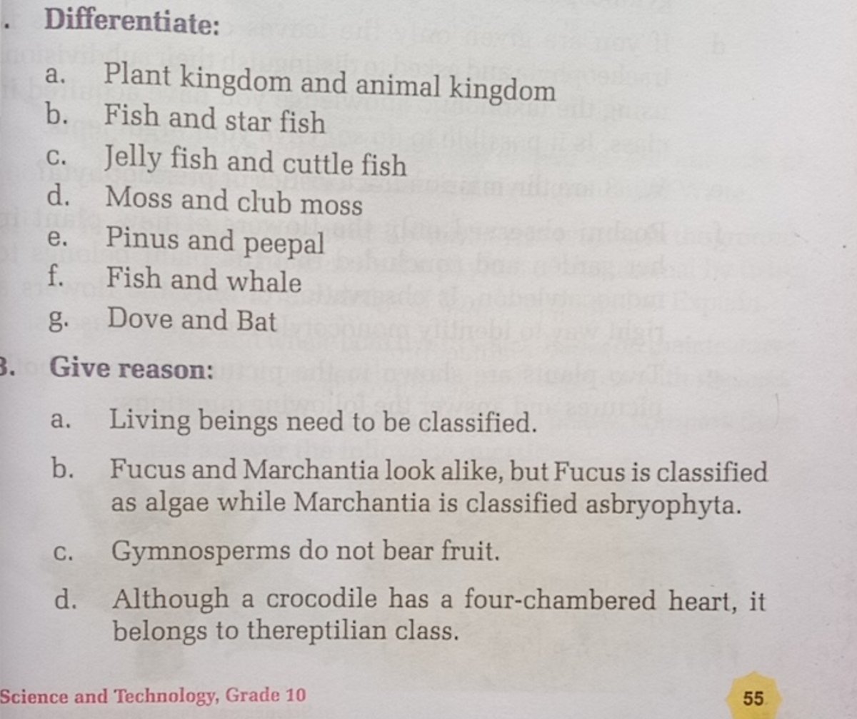 Differentiate: a. Plant kingdom and animal kingdom b. Fish and star fish