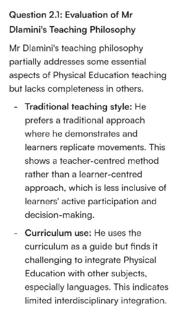 Question 2.1: Evaluation of Mr Dlamini's Teaching Philosophy Mr Dlamini'..