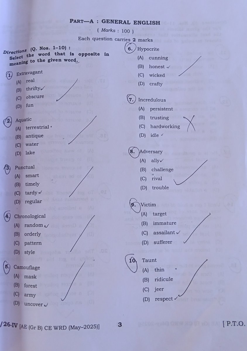 Directions (Q. Nos. 1-10): Select the word that is opposite in meaning to..