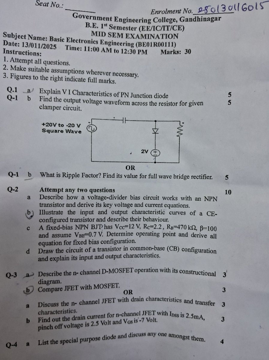 Here are the questions from a Basic Electronics Engineering exam: Q.1 a..