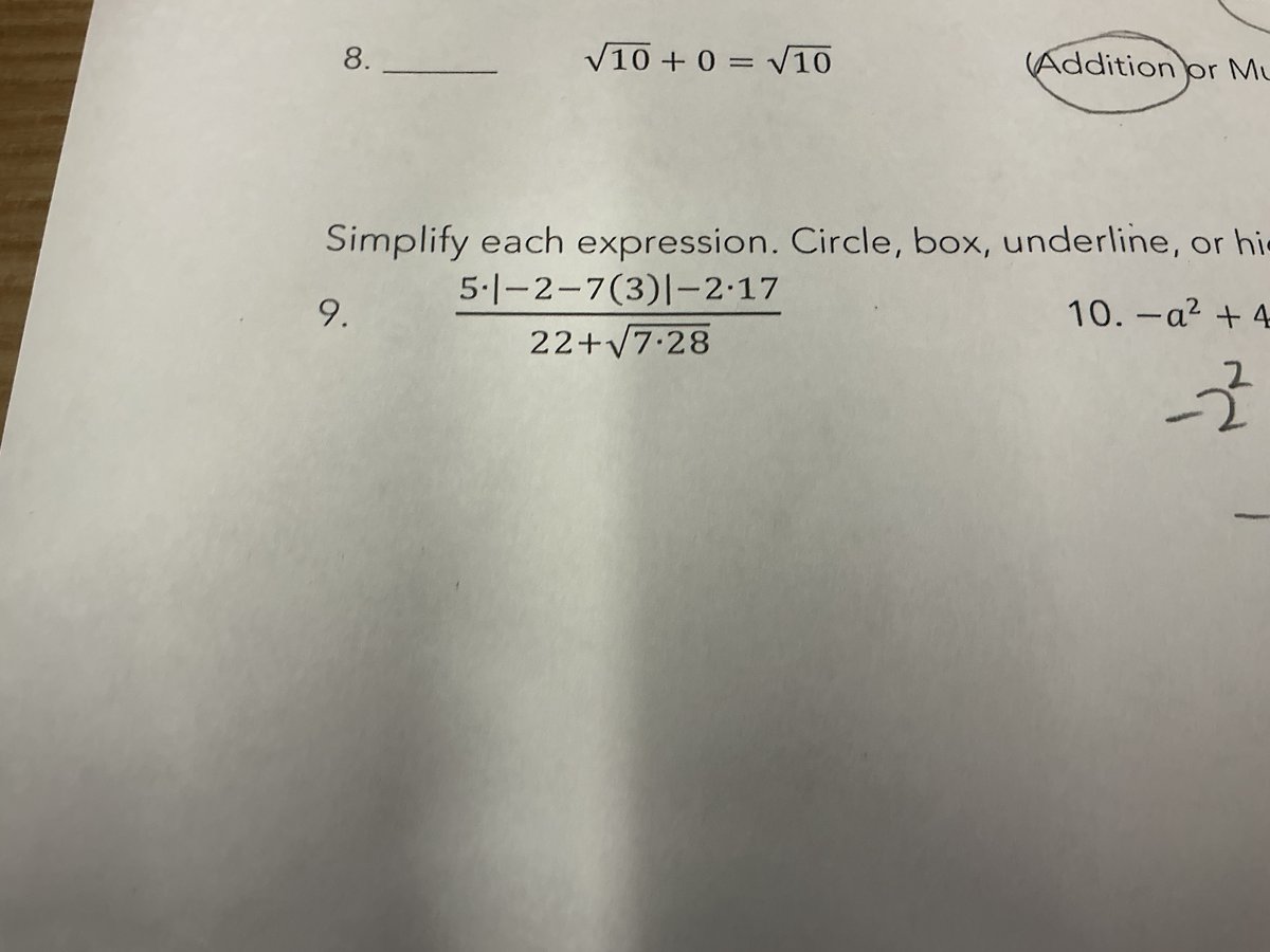 Simplify each expression. Circle, box, underline, or hi \frac{5\cdot|-2-..