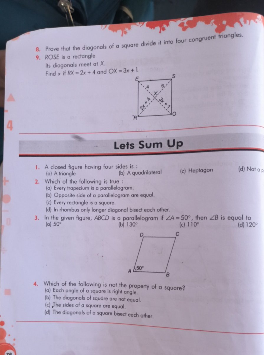 Prove that the diagonals of a square divide it into four congruent triang..