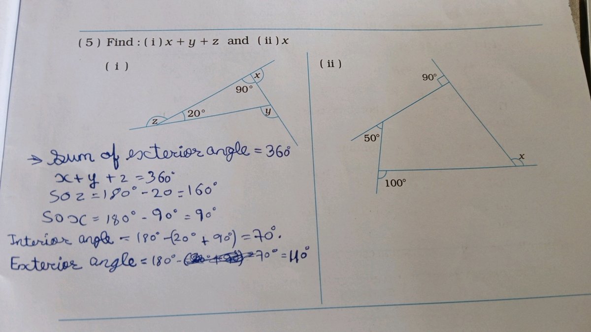 (5) Find : (i) x + y + z and (ii) x (i) Diagram showing a triangle with