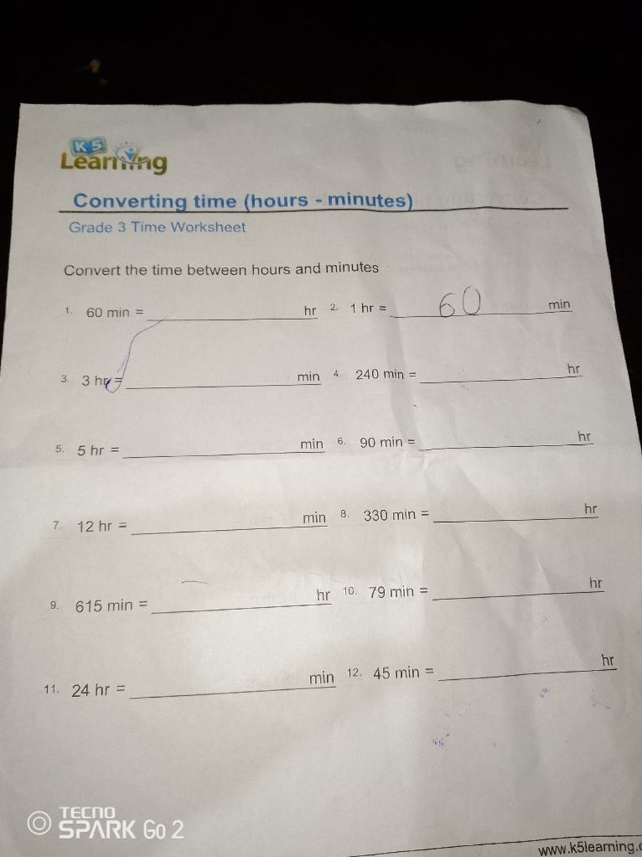 Converting time (hours - minutes) Grade 3 Time Worksheet Convert the ti..