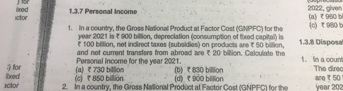 In a country, the Gross National Product at Factor Cost (GNPFC) for the y..