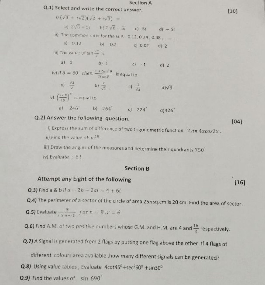 Section A Q.1) Select and write the correct answer. i) (\sqrt{3} + \sqrt..
