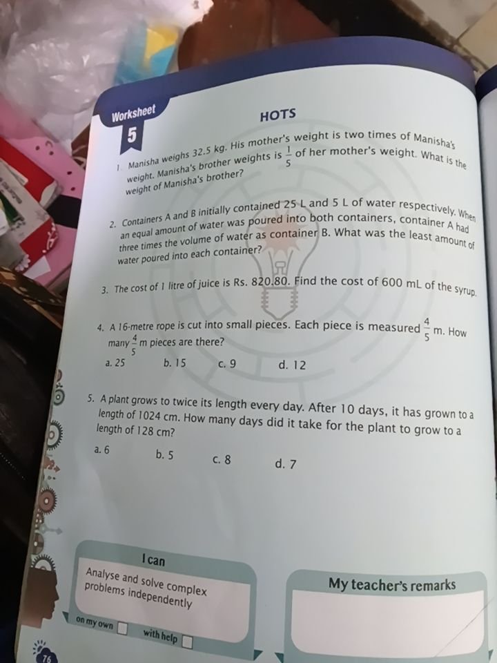 Here are 5 questions from a math worksheet: Manisha weighs 32.5 kg. His
