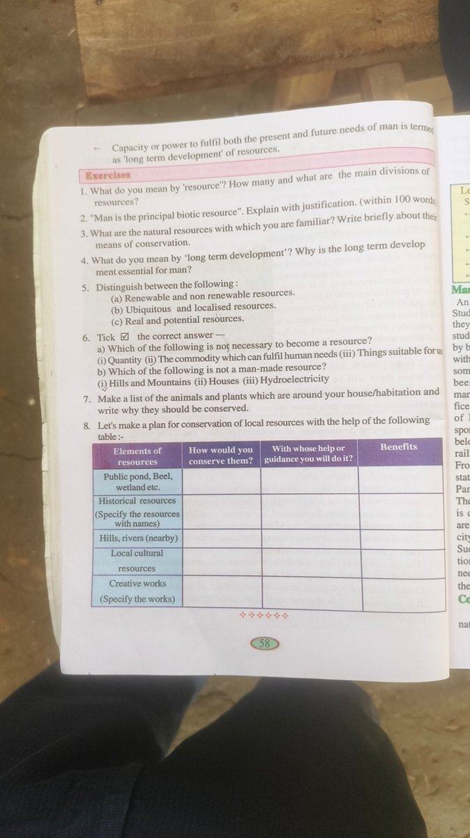 Here are some exercises related to resources and their conservation: Wha..