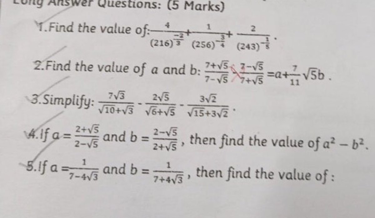 Here are 5 long answer questions (5 Marks each): Find the value of: \fra..