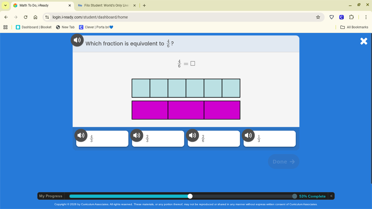 Which fraction is equivalent to \frac{4}{6}? \frac{4}{6} = \Box [Diagra..