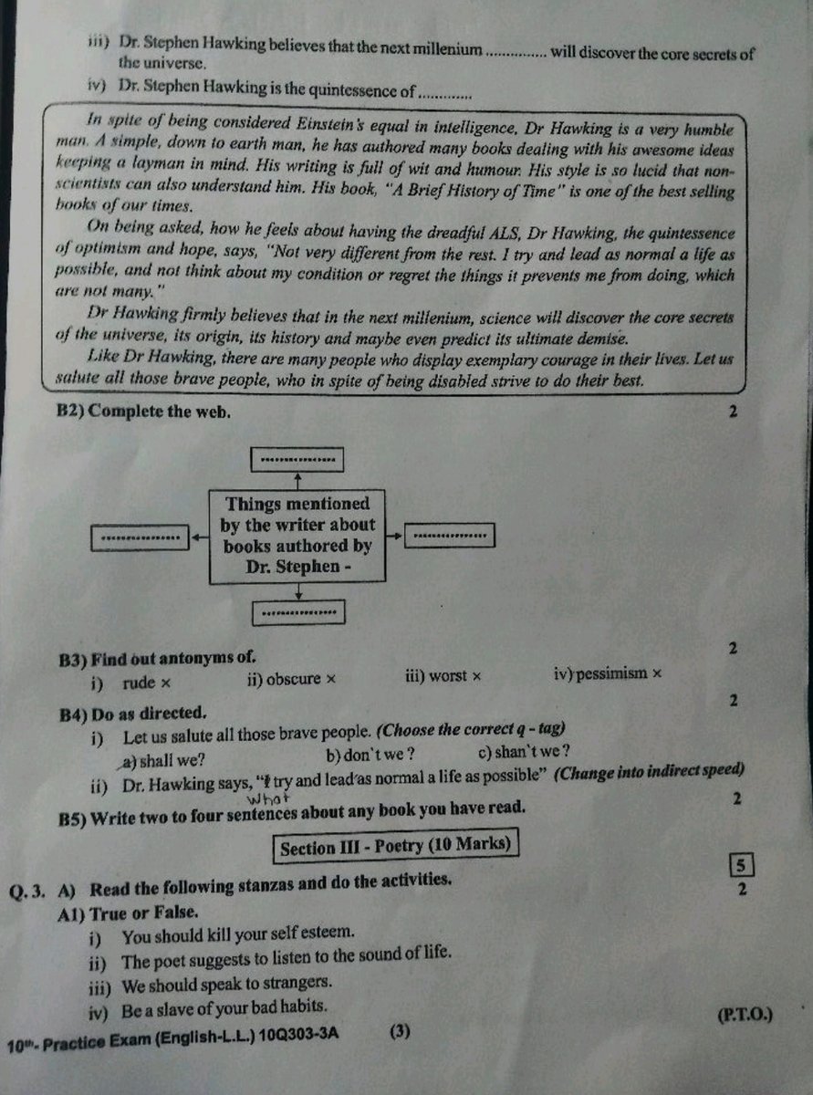 B2) Complete the web. [Diagram showing a central box with "Things mentio..