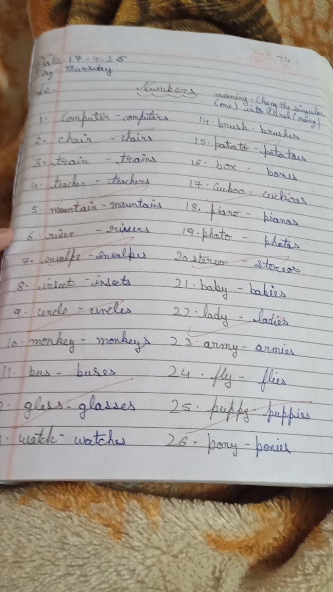 Change the singular nouns into plural nouns: Computer Chair Train Teache..