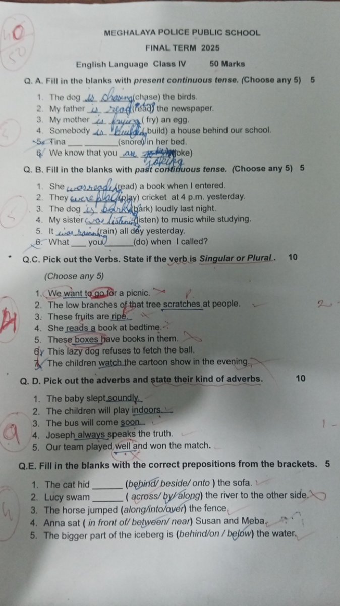 Q. A. Fill in the blanks with present continuous tense. (Choose any 5) 5