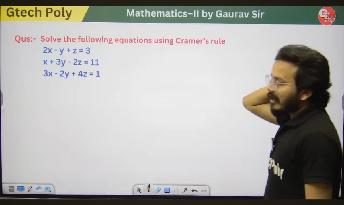 Solve the following equations using Cramer's rule: 2x - y + z = 3 x + 3y..