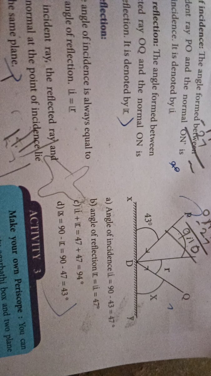 The question provides definitions related to reflection of light, includi..
