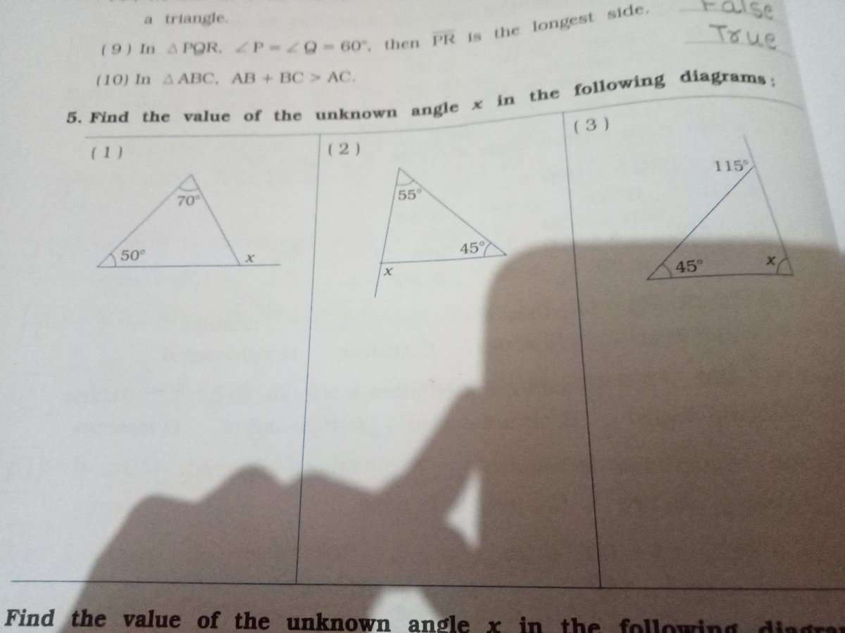 Find the value of the unknown angle x in the following diagrams: (1) Dia..