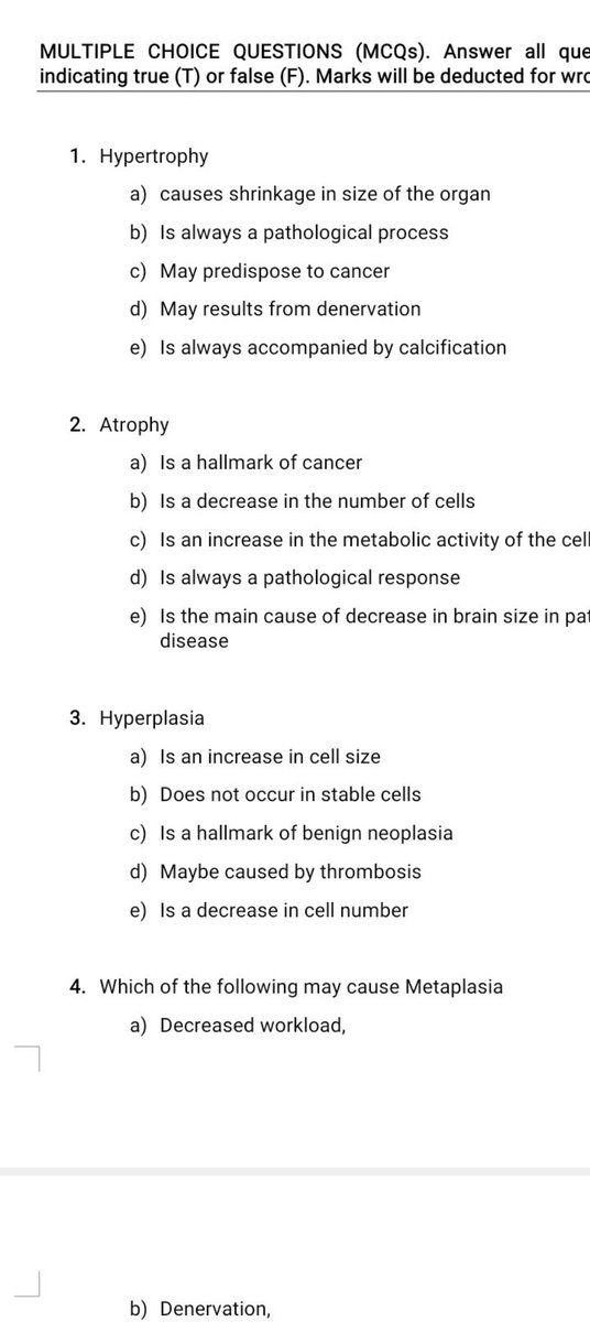 MULTIPLE CHOICE QUESTIONS (MCQs). Answer all questions indicating true (T..