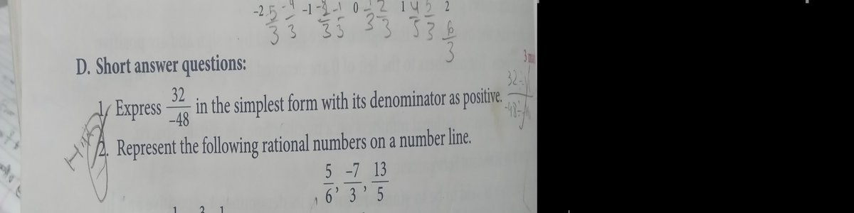 D. Short answer questions: Express \frac{32}{-48} in the simplest form wi..