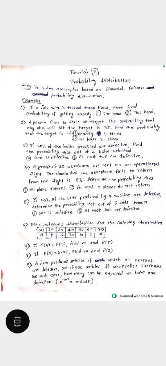 Tutorial 11 Probability Distribution Aim: To solve examples based on Bino..