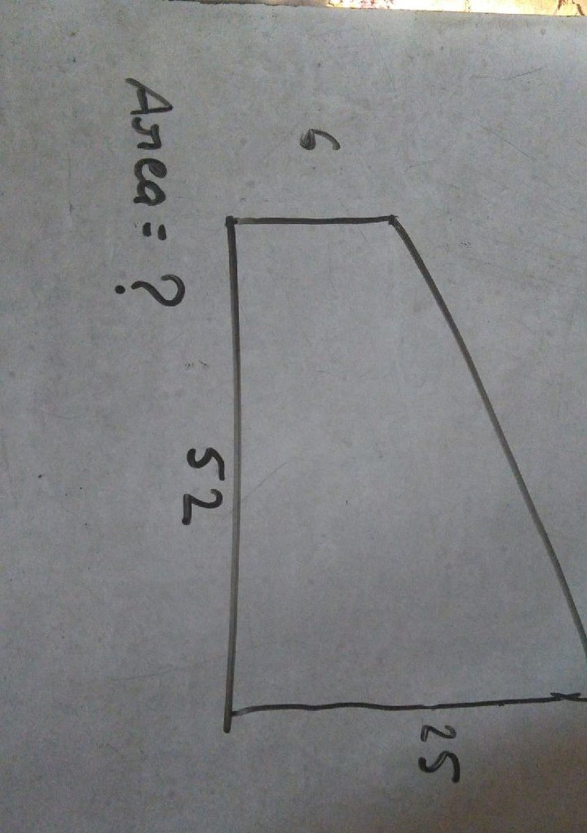 A diagram shows a shape with sides labeled 6, 52, and 25. The question as..