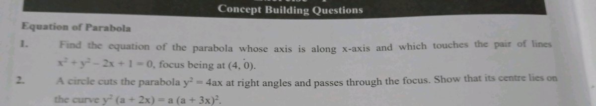 Equation of Parabola Concept Building Questions Find the equation of th..