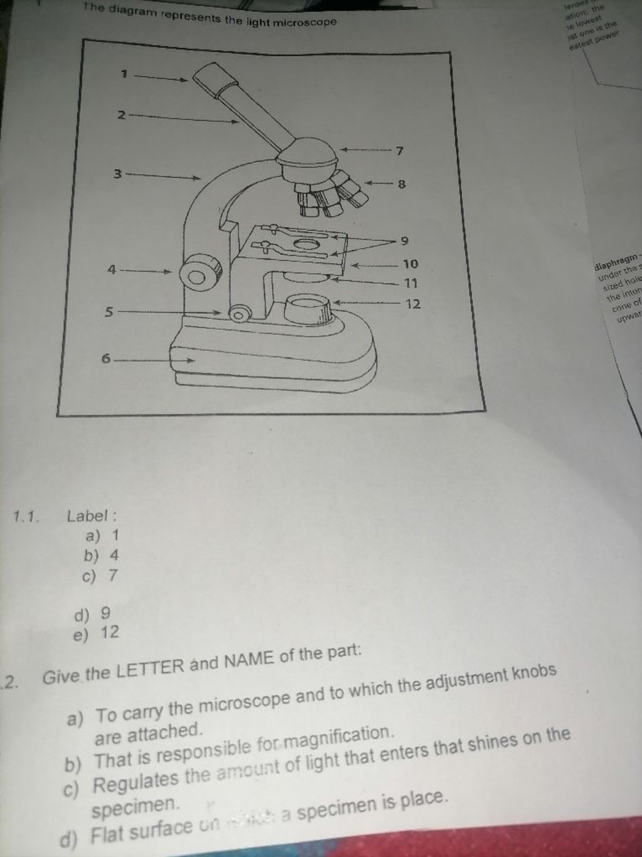 The diagram represents the light microscope. 1.1. Label: a) 1 b) 4 c) 7