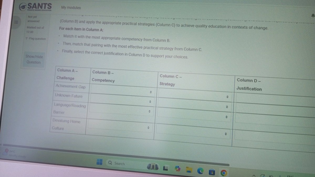 For each item in Column A: Match it with the most appropriate competency