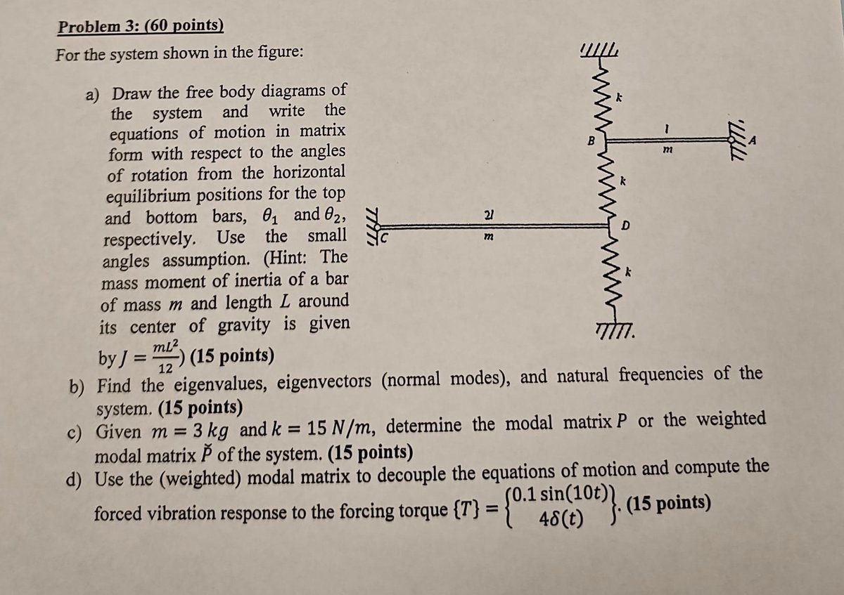 Problem 3: (60 points) For the system shown in the figure: a) Draw the fr..