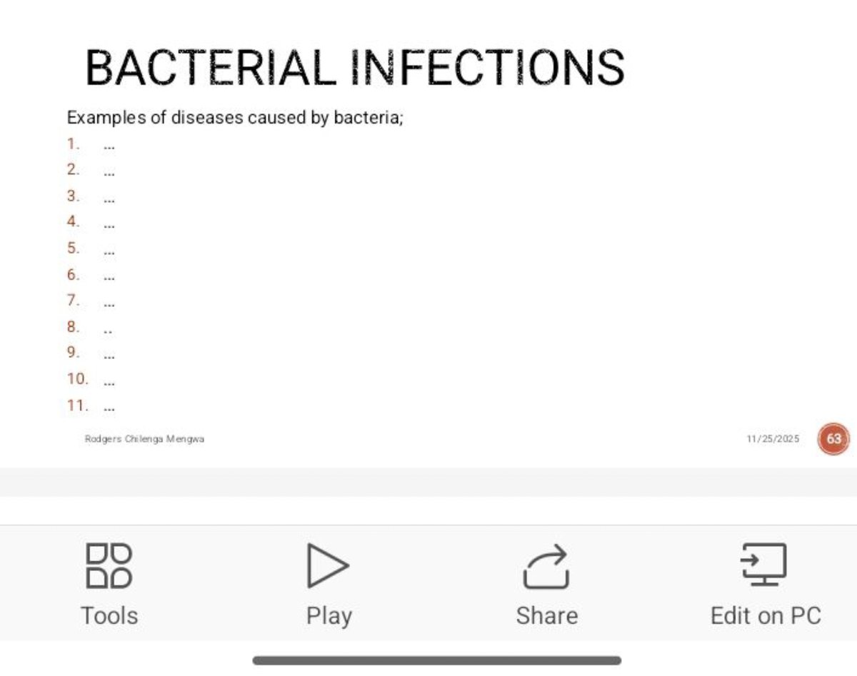 BACTERIAL INFECTIONS Examples of diseases caused by bacteria; 11. | Filo