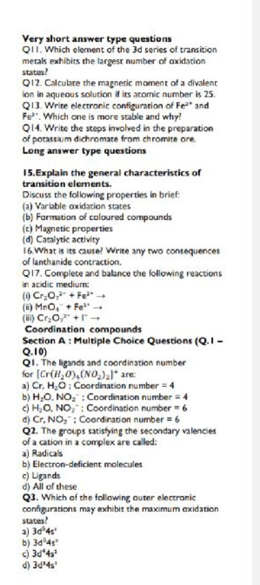 Very short answer type questions Q11. Which element of the 3d series of t..