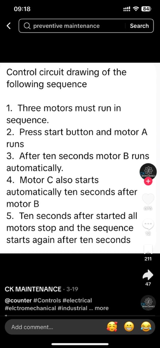 Control circuit drawing of the following sequence: Three motors must run..