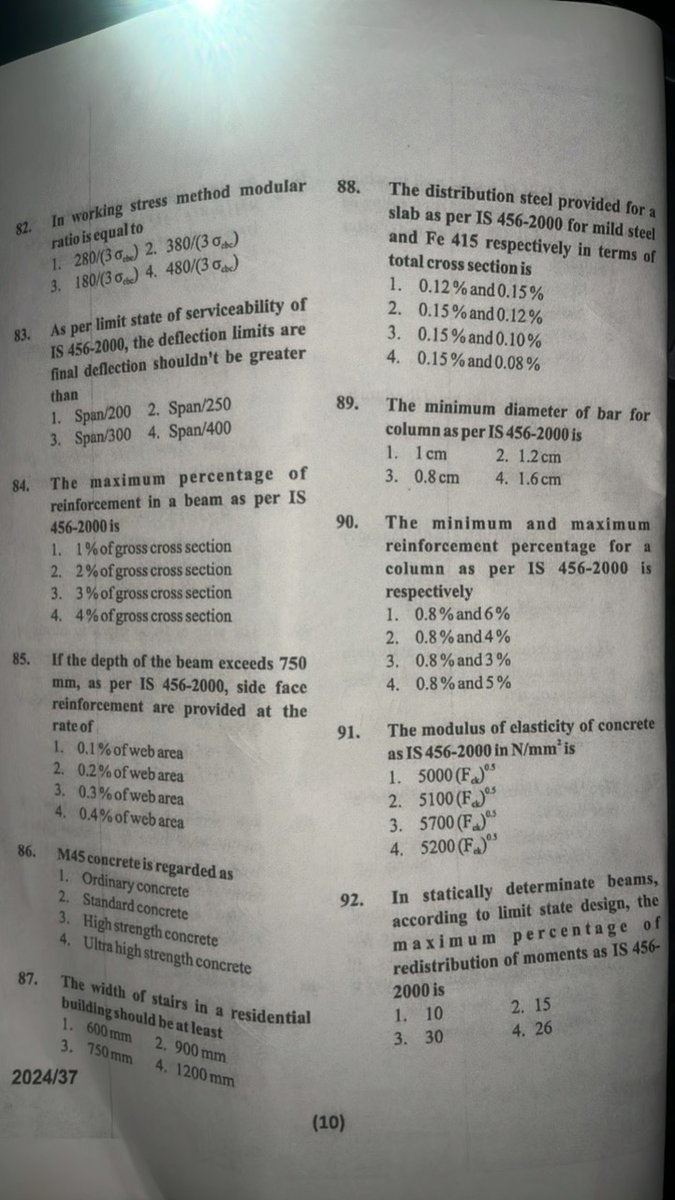In working stress method modular ratio is equal to 280/(3σ_cbc) 380/(3σ_c..