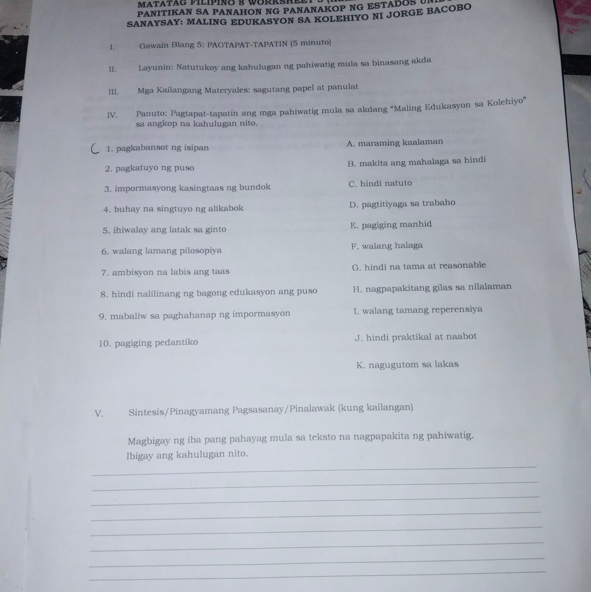 MATATAG FILIPINO 8 WORKSHEET 3 PANITIKAN SA PANAHON NG PANANAKOP NG ESTAD..