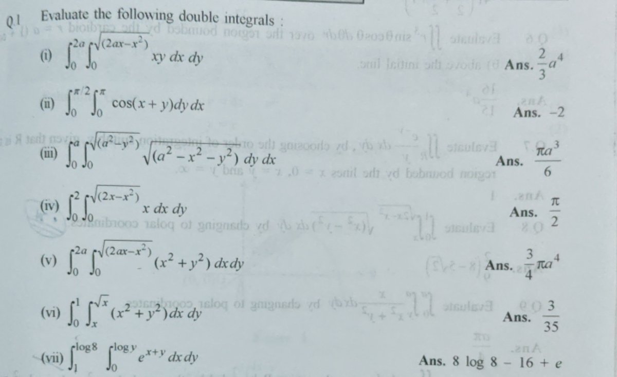 Q.1 Evaluate the following double integrals: (i) \int_0^{2a} \int_0^{\sq..