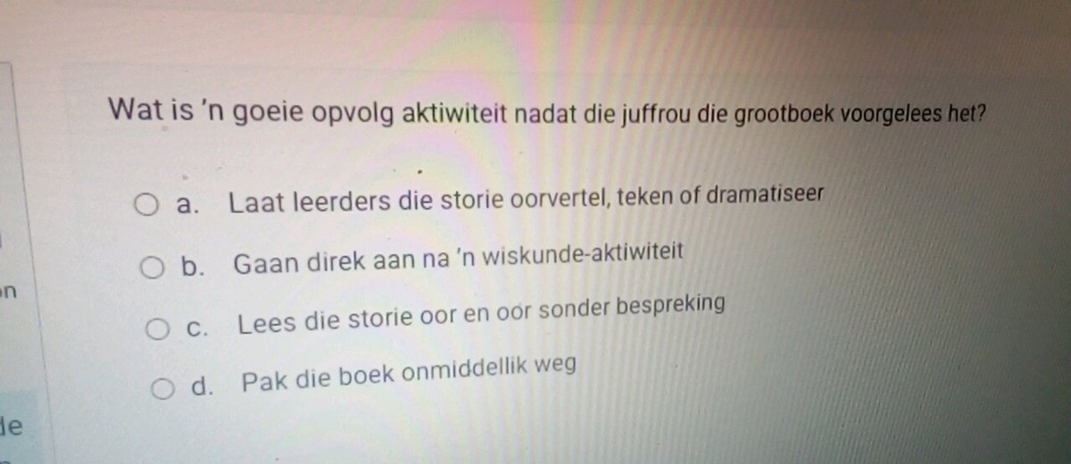 Wat is 'n goeie opvolg aktiwiteit nadat die juffrou die grootboek voorgel..