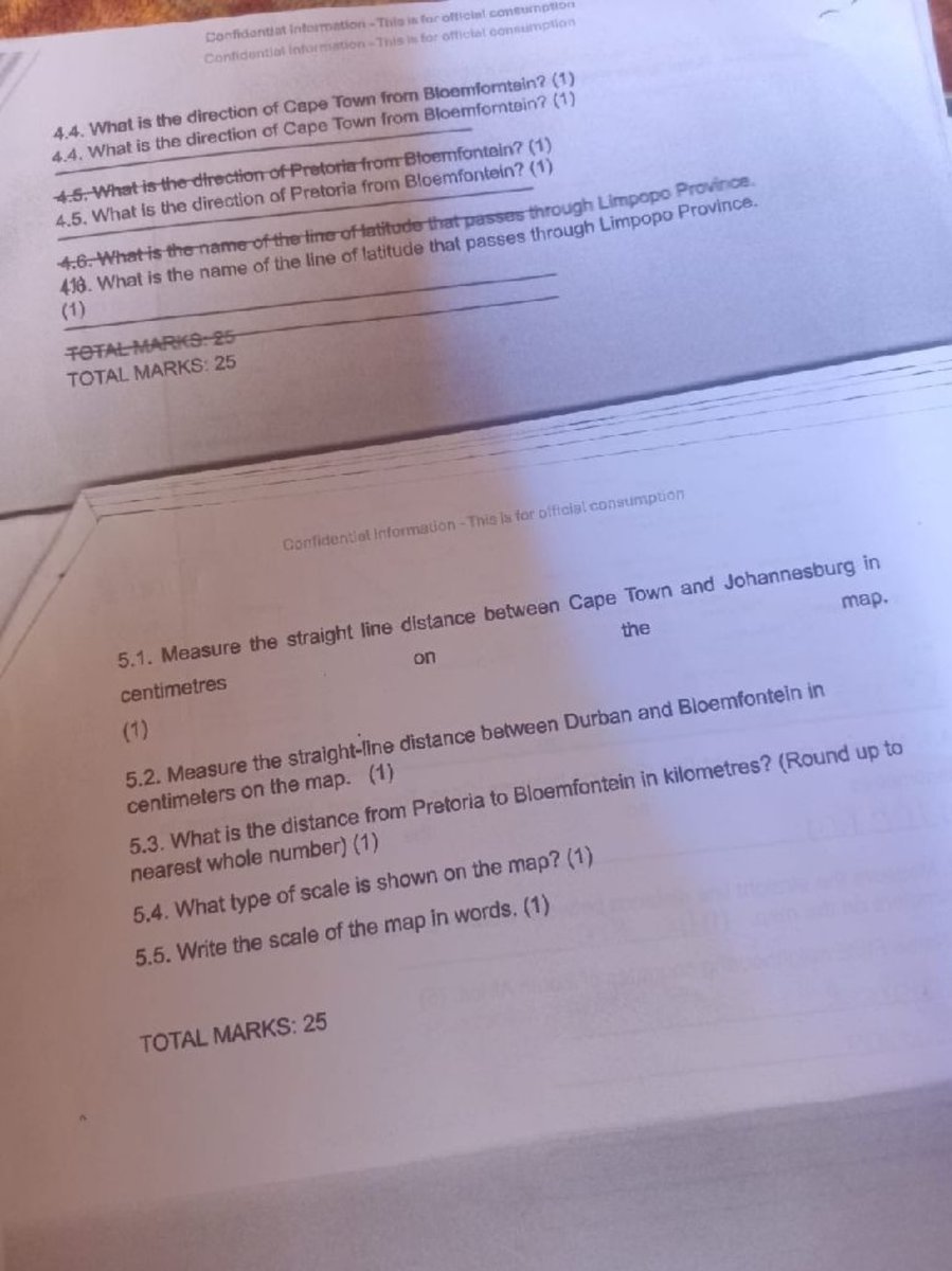 4.4. What is the direction of Cape Town from Bloemfontein? (1) 4.5. What