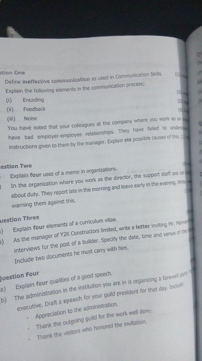 Question One Define ineffective communication as used in Communication Sk..