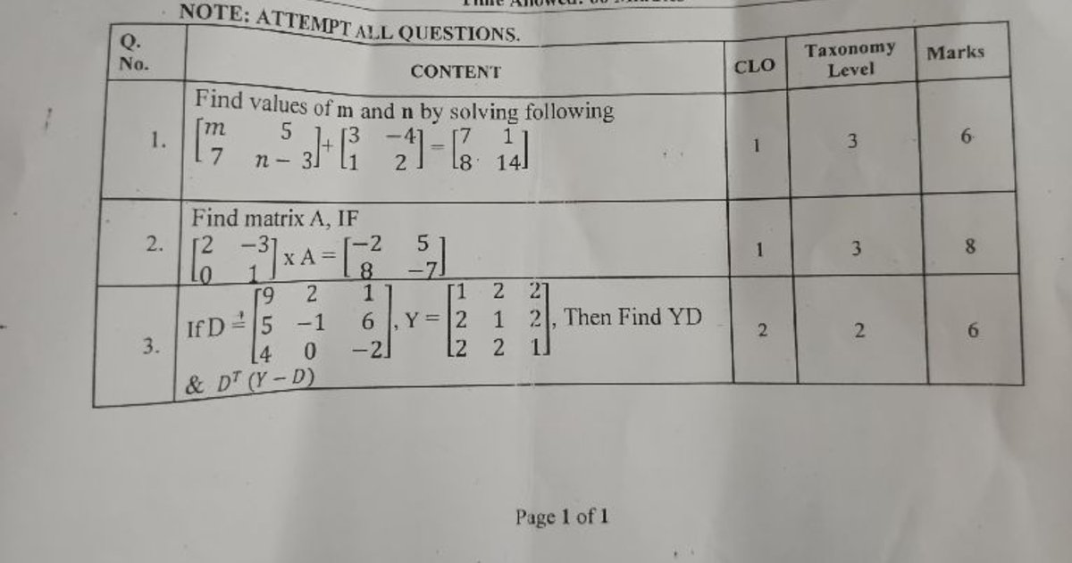 NOTE: ATTEMPT ALL QUESTIONS. 1. Find values of m and n by solving follow..